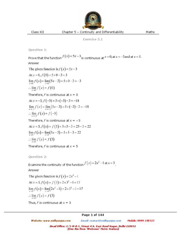 NCERT XII Continuity and Differentiation SOLUTIONS | PDF | Continuous Function | Function ...