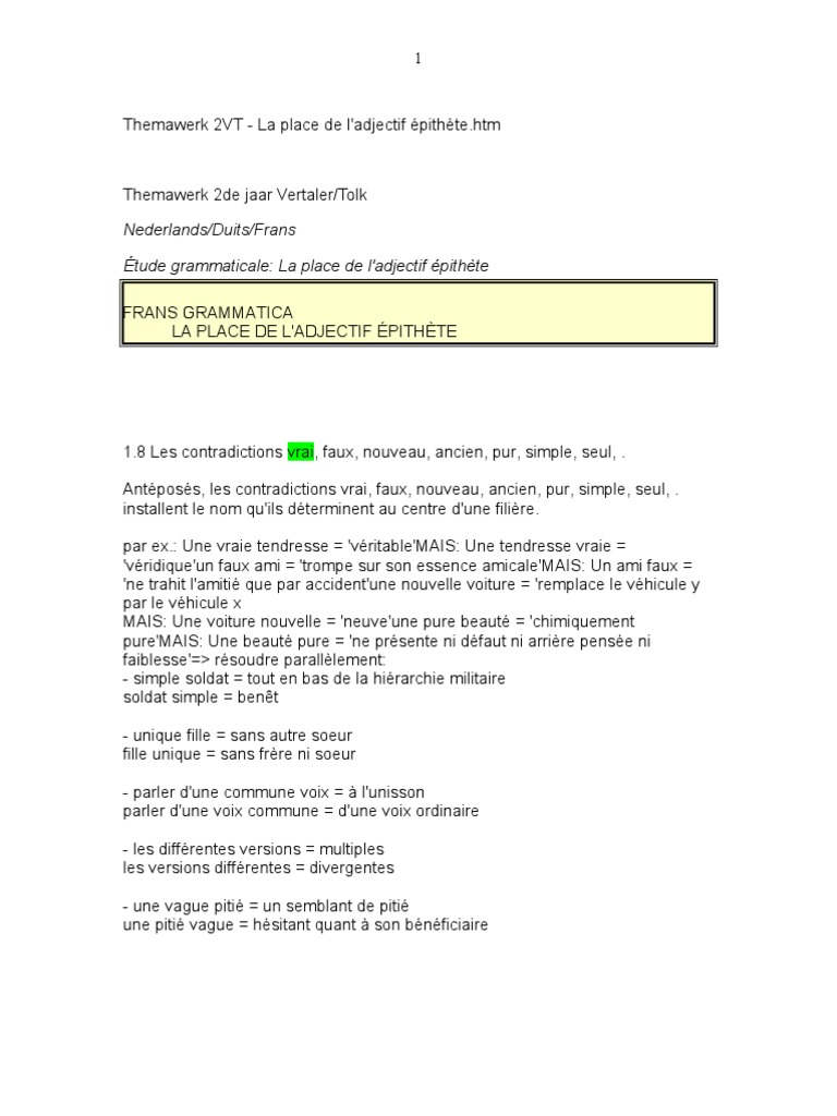 La Place de L'adjectif Epithete | PDF | Nom (grammaire) | Adjectif