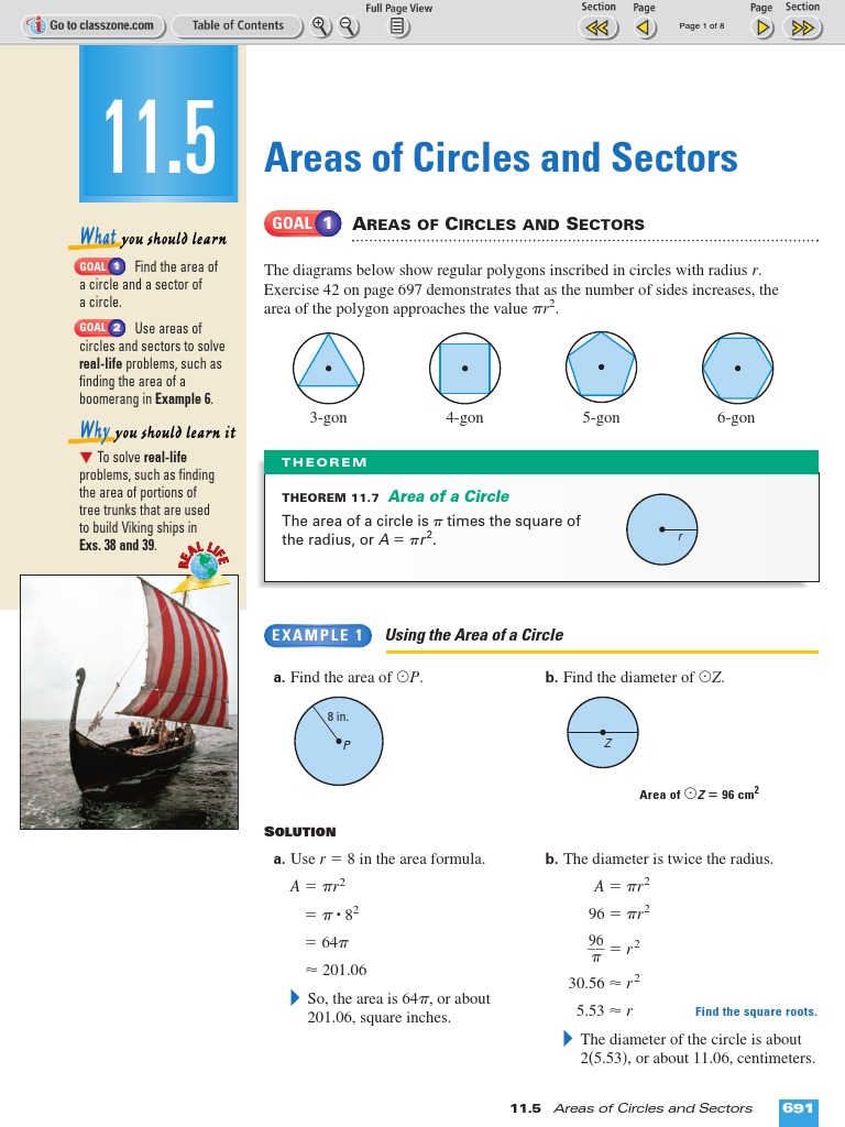 ML Geometry 11-5 Areas of Circles and Sectors | PDF | Circle | Area