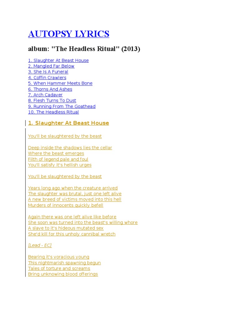 Autopsy Lyrics: Album: "The Headless Ritual" (2013) | PDF | Death