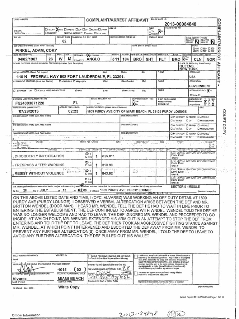 Adam Finkel 13-84848 Arrest Form | PDF