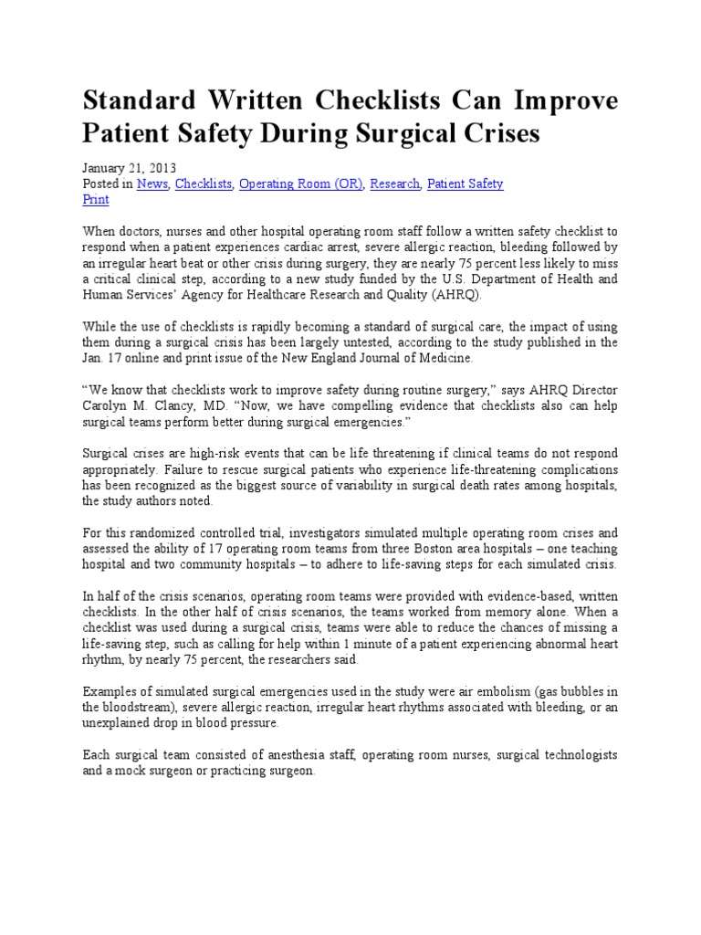 Standard Written Checklists Can Improve Patient Safety During Surgical ...