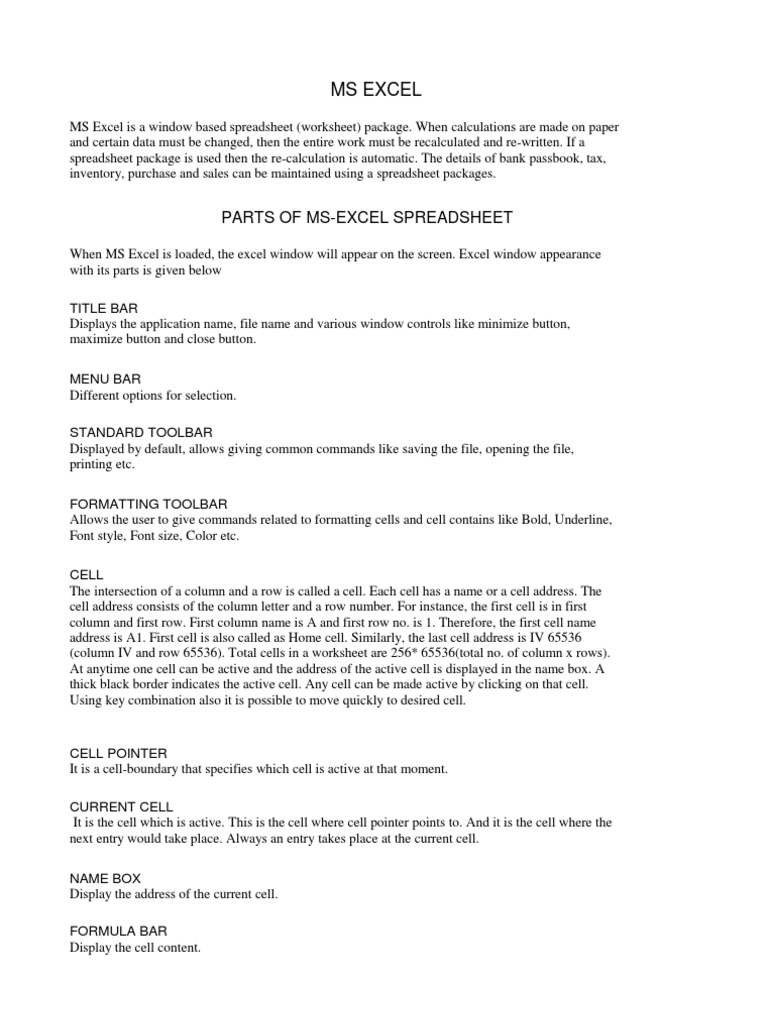Parts of Ms-Excel Spreadsheet | PDF | Spreadsheet | Microsoft Excel