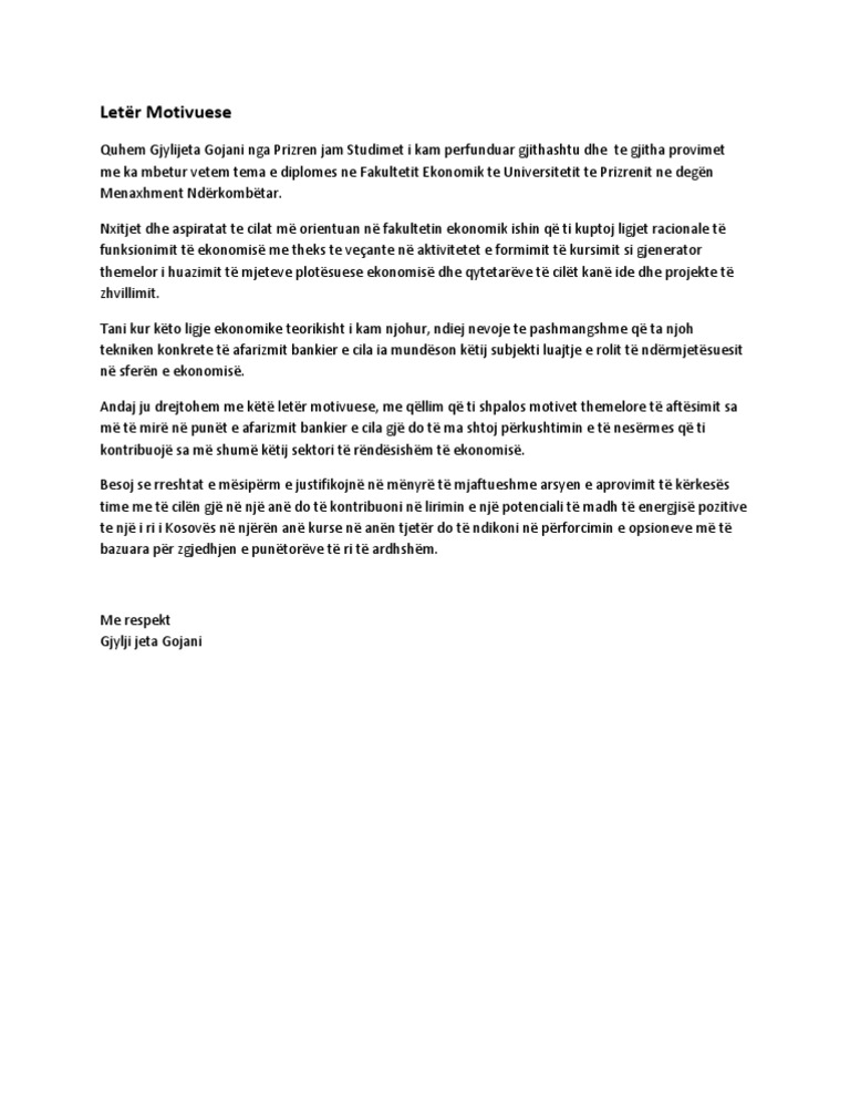 Letër Motivuese - Gjyljeta Gojani | PDF