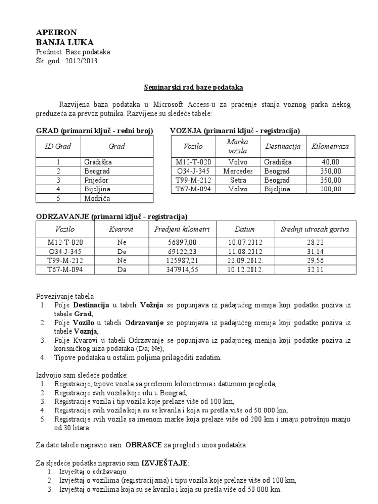 Primjer Za Rad Baze Podataka U Excelu | PDF