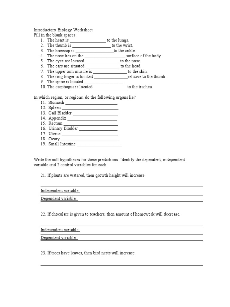 Biology Worksheet: Anatomy & Hypotheses | PDF | Thermoregulation ...