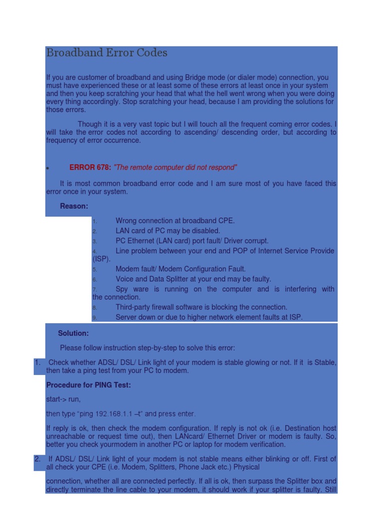 Broadband Error Codes | PDF | Modem | Internet Access