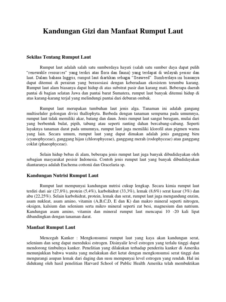 Kandungan Gizi Dan Manfaat Rumput Laut | PDF