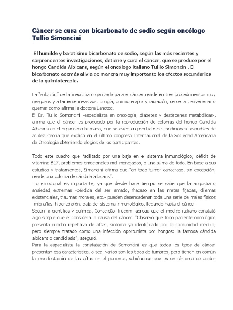 Cáncer Se Cura Con Bicarbonato de Sodio Según Oncólogo Tullio Simoncini ...