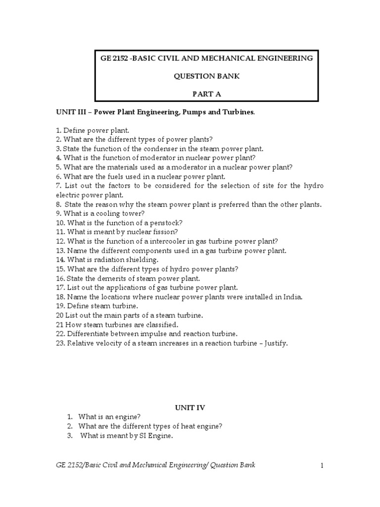 Basic Civil and Mechanical Engineering - Question Bank | PDF | Power ...