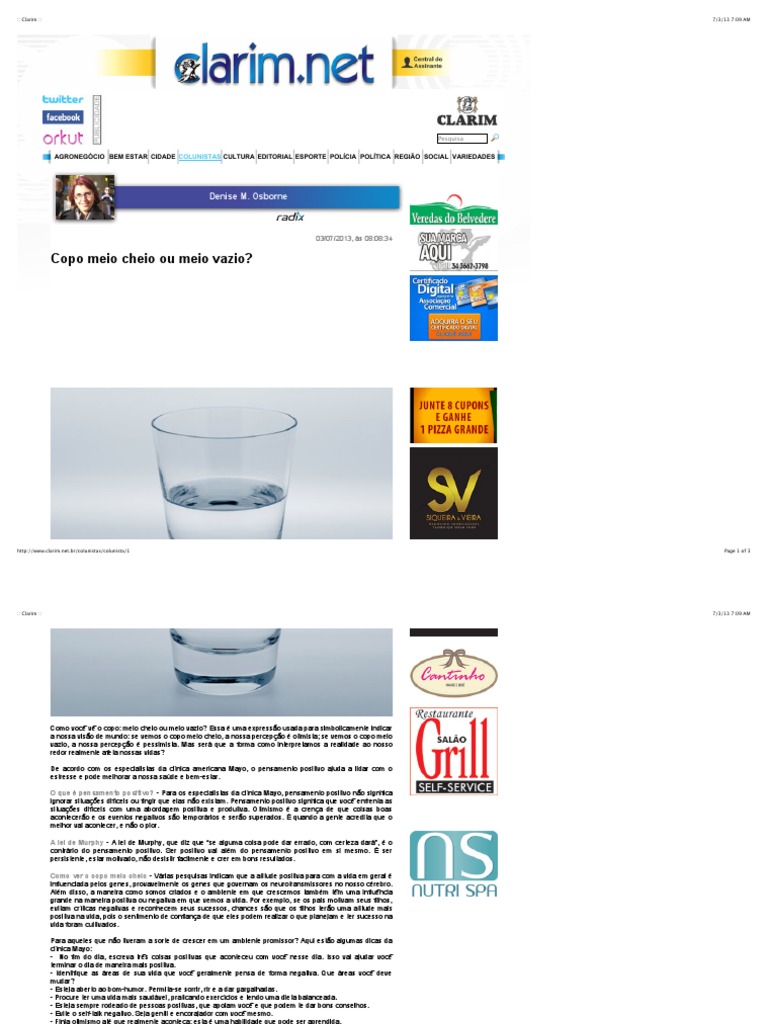 Copo Meio Cheio Ou Meio Vazio | PDF | Pensamento | Atitude (Psicologia)