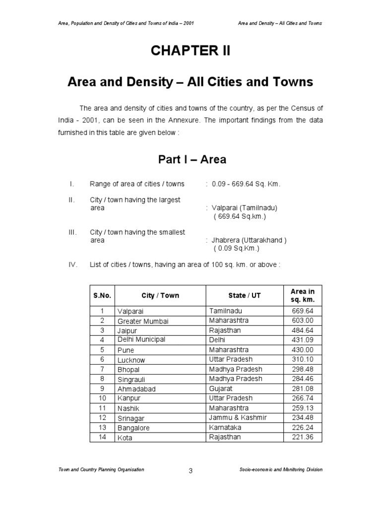 Area and Density - All Cities and Towns | PDF
