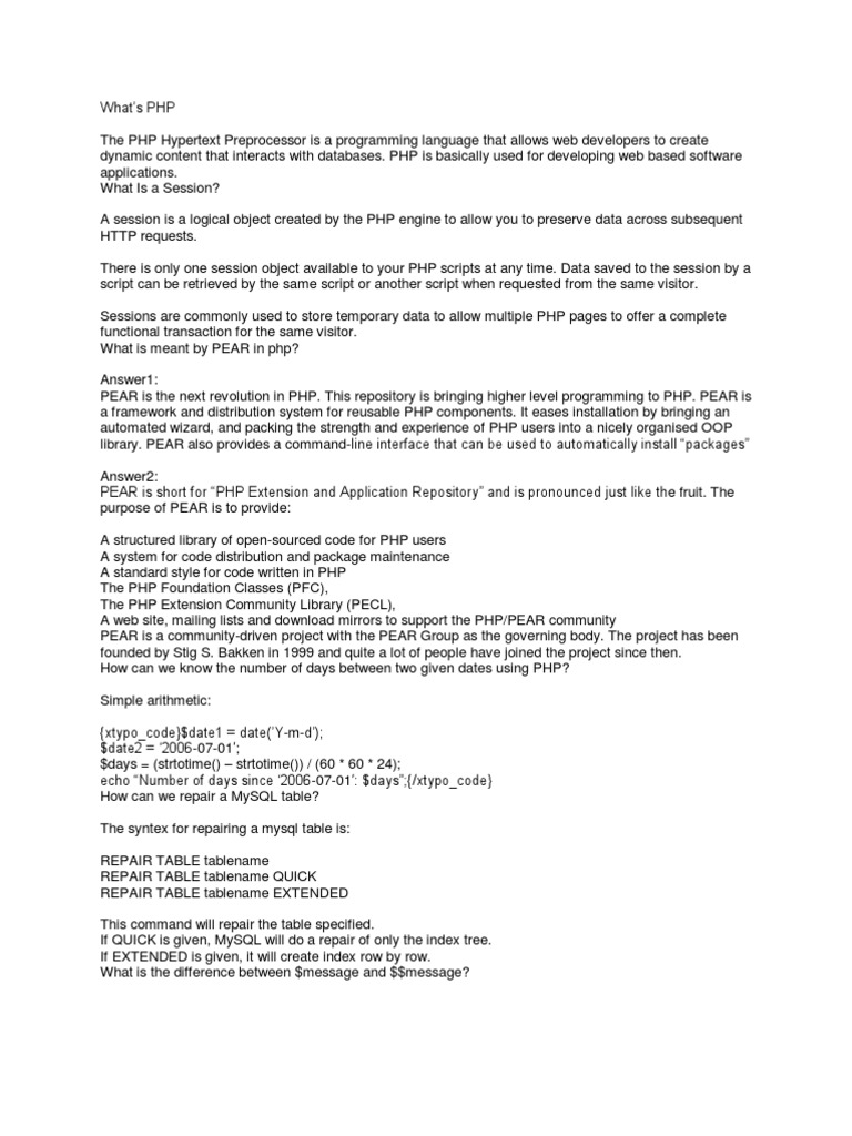 Php And Mysql Interview Questions And Answers Part 1 Pdf Php Class Computer Programming