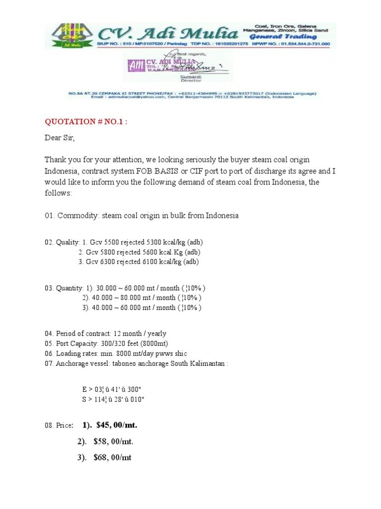 Indonesian Steam Coal Quotation Details | PDF | Business Law | Trade
