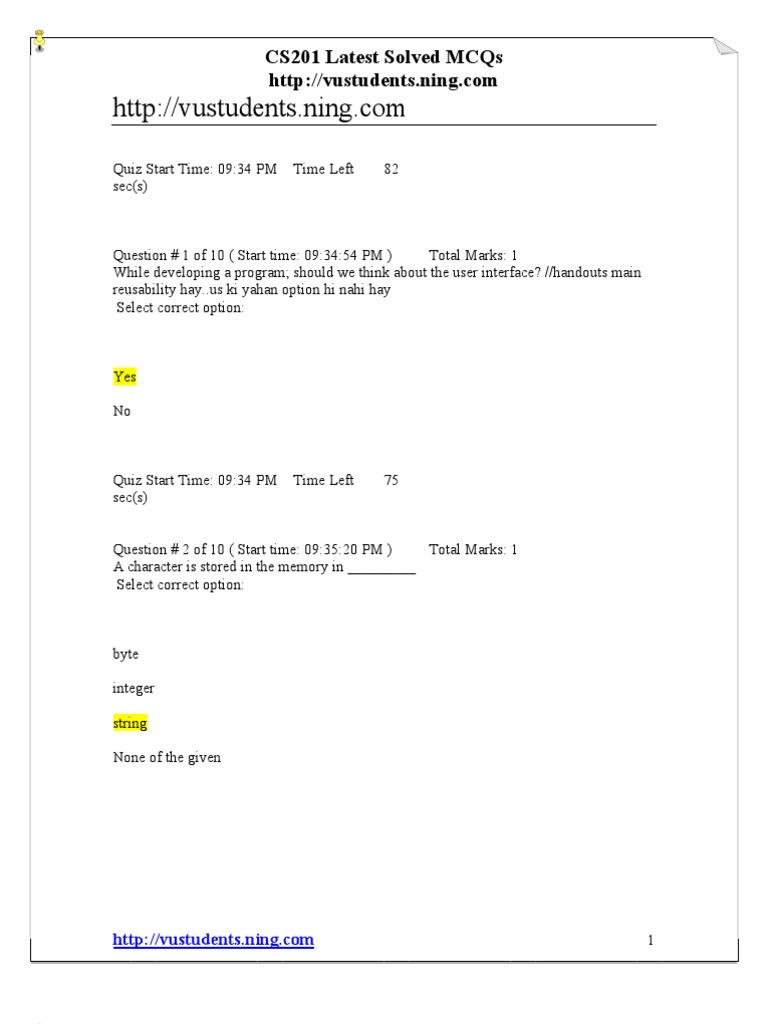 CS201 Solved MCQs for Programming | PDF | Constructor (Object Oriented Programming) | Programming
