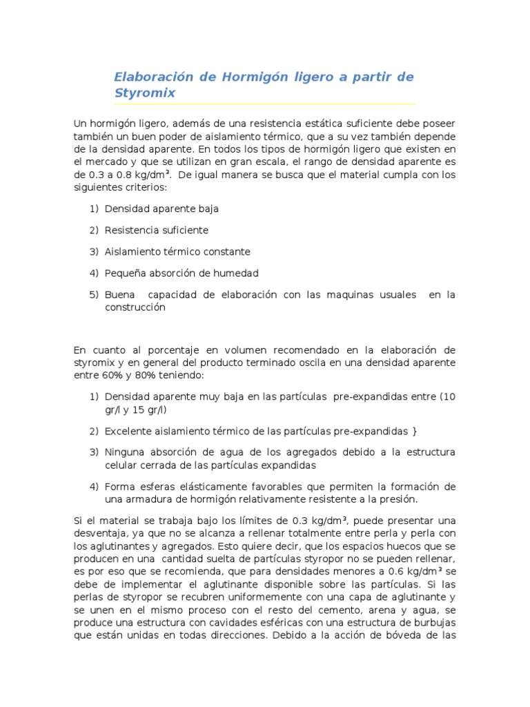 Hormigón Ligero con Styromix: Guía de Elaboración | PDF | Densidad ...