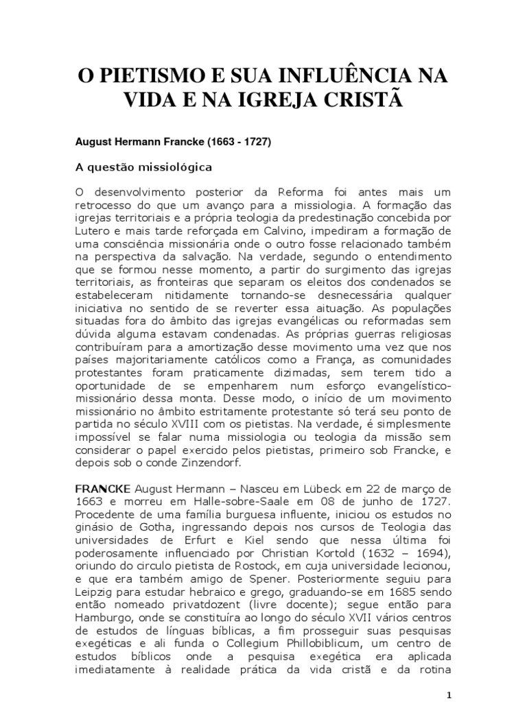 Pietismo Sua Influencia Na Vida e Na Igreja | PDF | Pentecostalismo | Santo