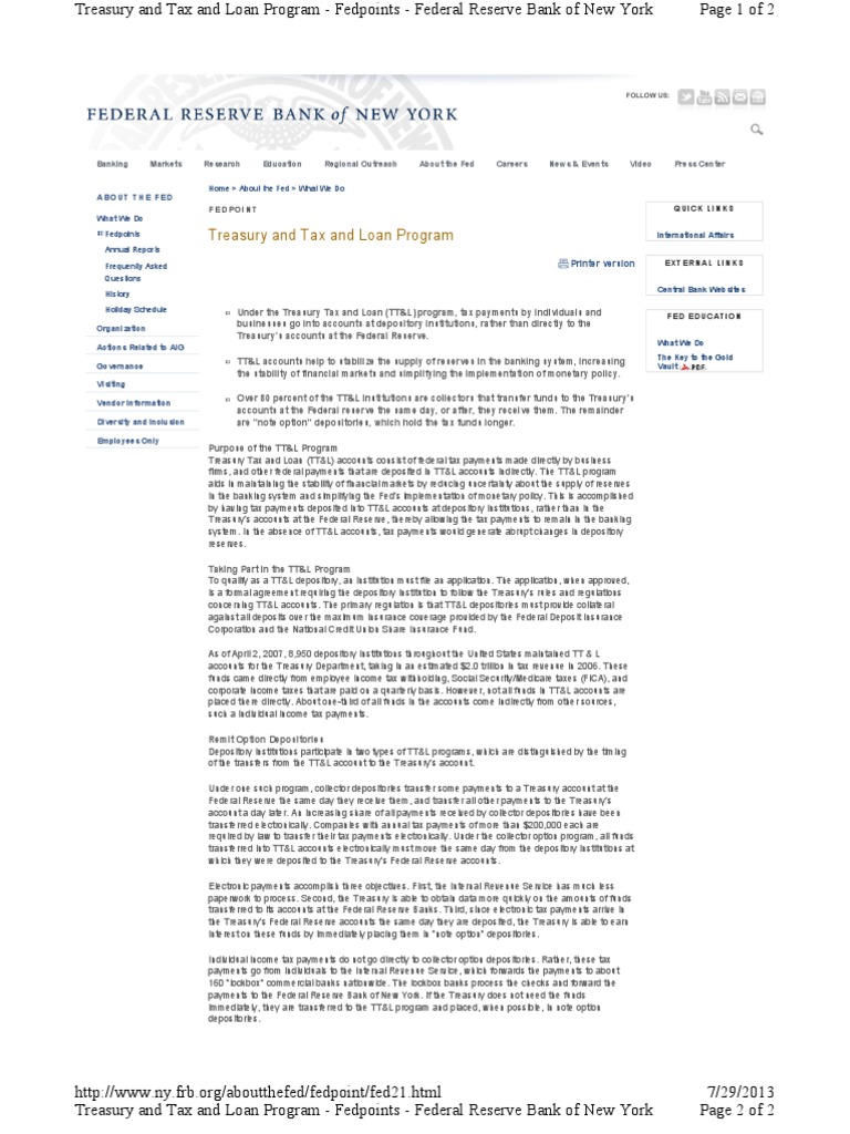 Fed Res Sys Treasury and Tax and Loan Program | PDF | Federal Reserve ...