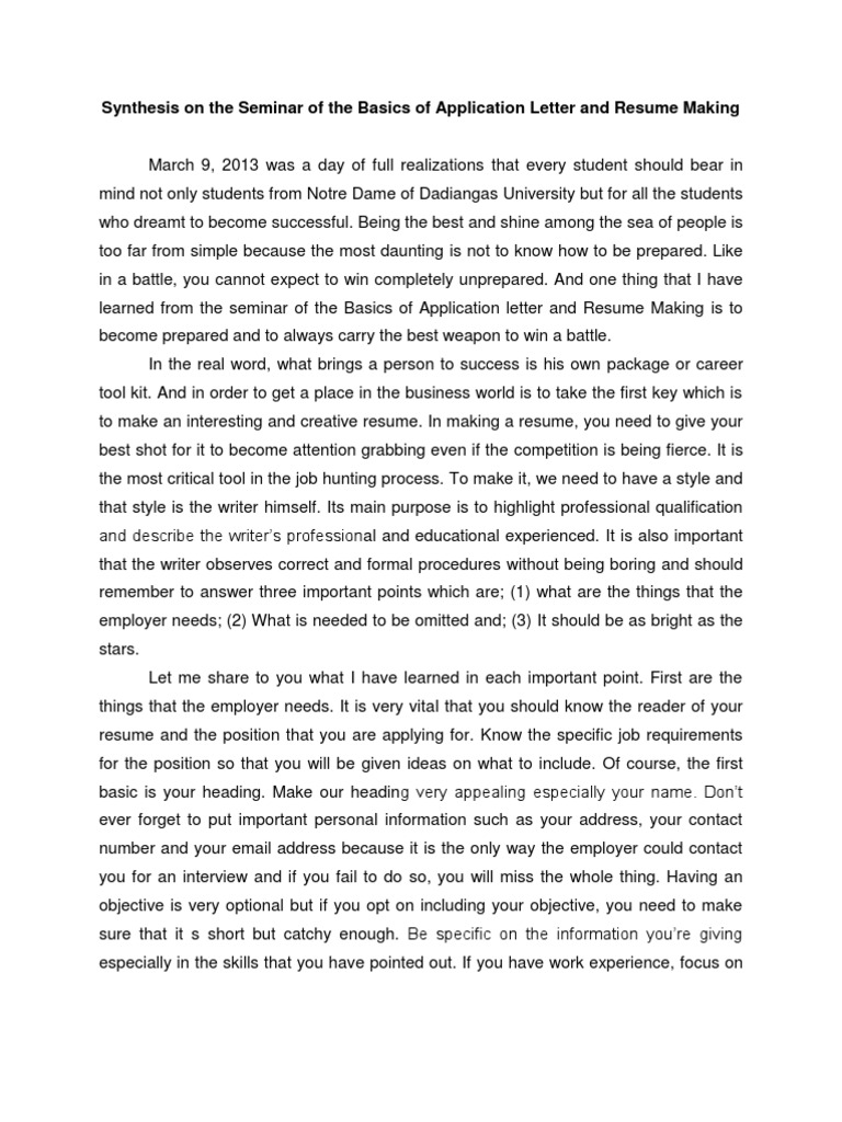 Synthesis On Application Letter and Resume Making | PDF | Résumé | Job ...