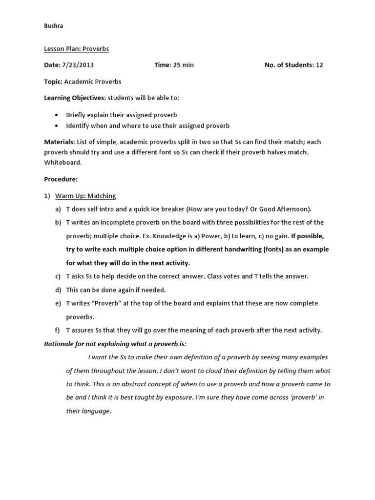 Lesson Plan Proverbs Pdf Proverb Multiple Choice