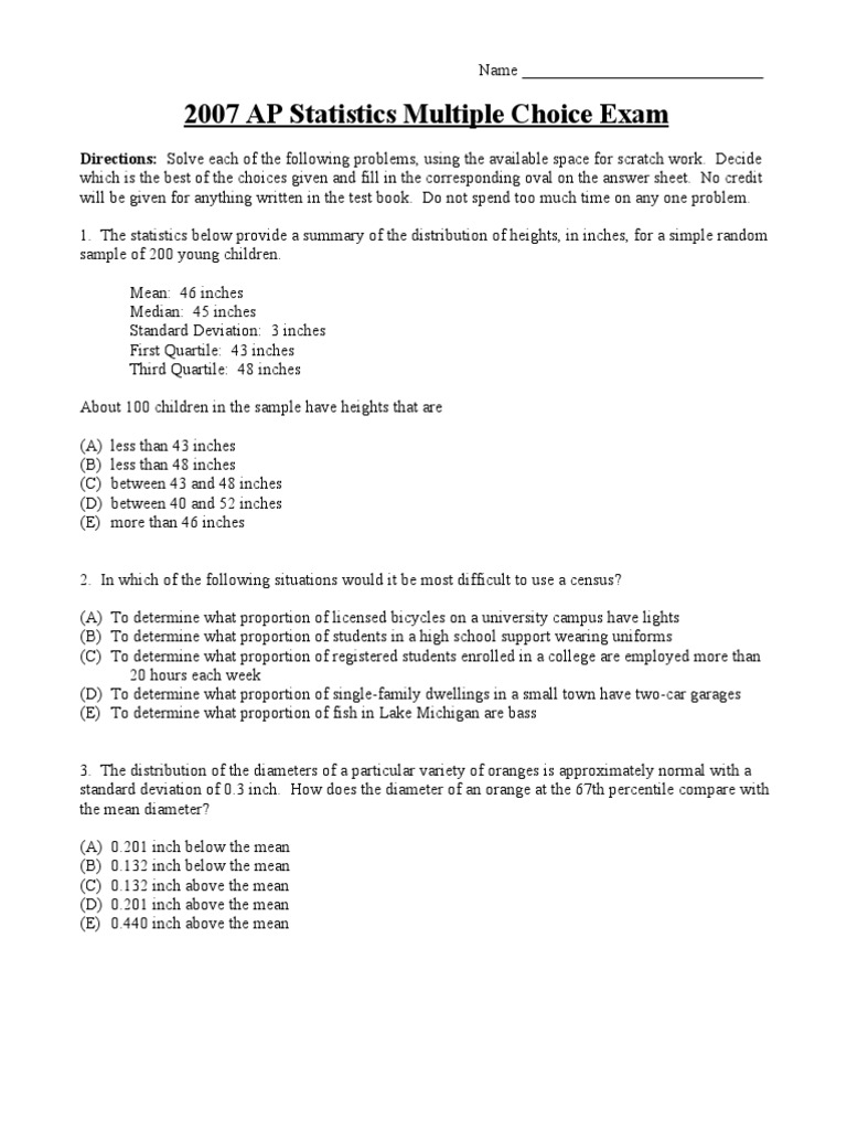 2007 AP Statistics MCQ Exam Questions | PDF | Confidence Interval ...