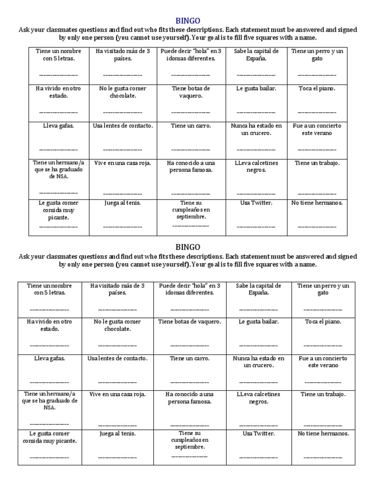 Ice Breaker Activity:Bingo Spanish 3 | PDF