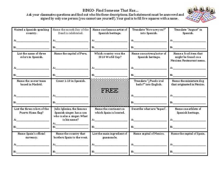 Ice Breaker To Spanish I: Bingo | PDF | Language Arts & Discipline