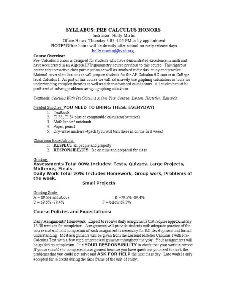 Syllabus Pre Calc Hon - 1 | PDF | Homework | Test (Assessment)