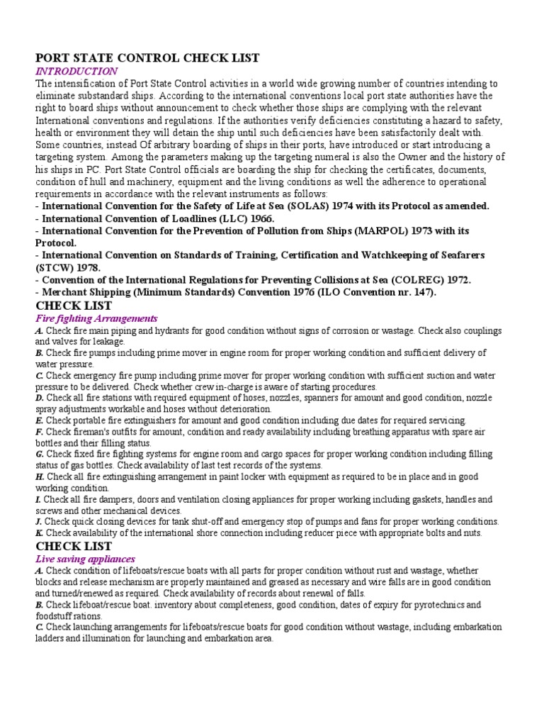 Port State Control Check List | PDF | Ships | Navigation