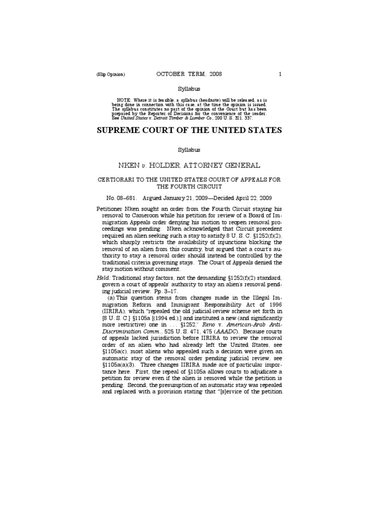 Supreme Court of The United States: Nken V. Holder, Attorney General ...