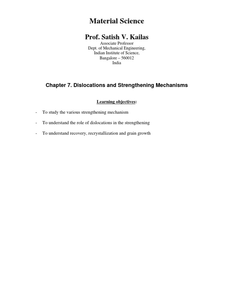 Material Science: Prof. Satish V. Kailas | PDF | Dislocation | Plasticity (Physics)