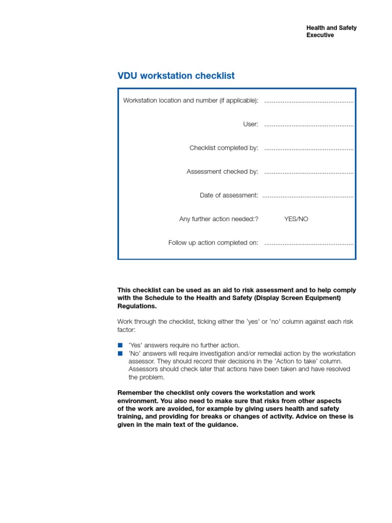 VDU Workstation Checklist: Health and Safety Executive | PDF | Computer ...
