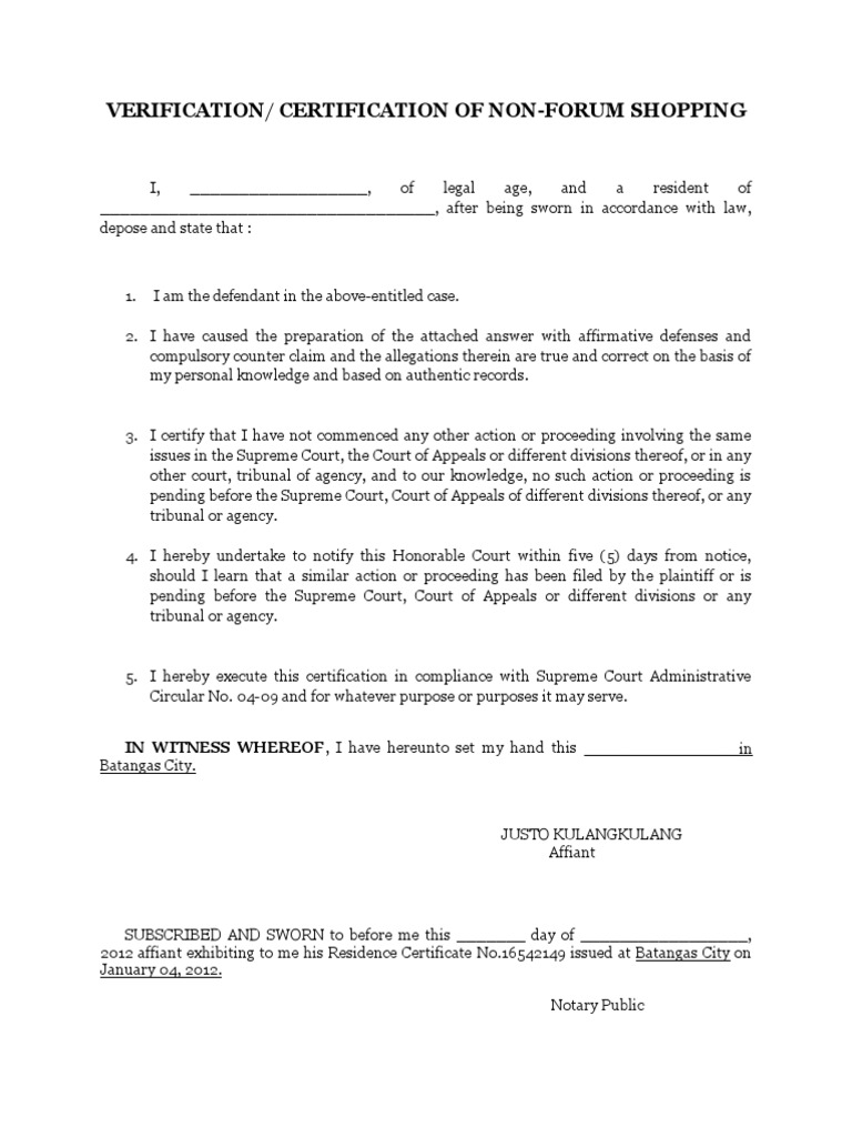 Non-Forum Shopping Certification Form | PDF