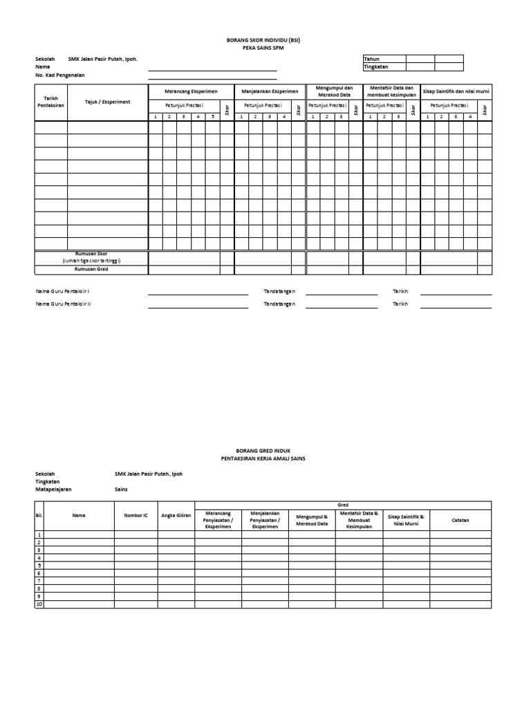 Borang Skor Individu PEKA Sains SPM | PDF