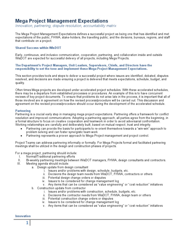 Mega Project Management Expectations: Innovation, Partnering, Dispute ...