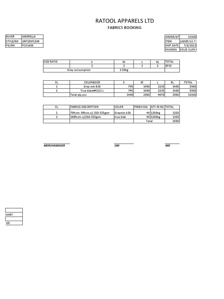 Fabric Booking for Ladies T-Shirt Order | PDF