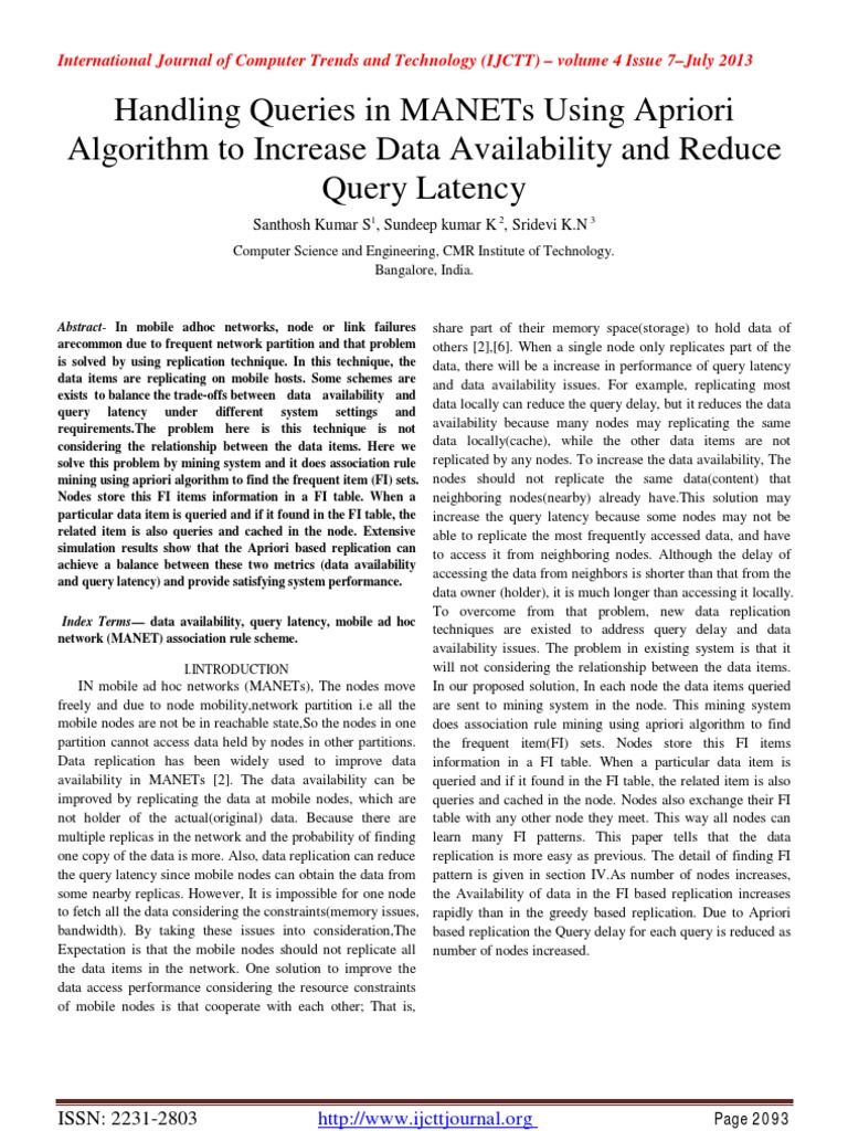Handling Queries in MANETs Using Aprior Algorithm To Increase Data Availability and Reduce Query ...