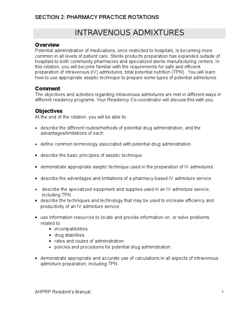 Pharmacy Residency: IV Admixtures | PDF | Pharmacy | Intravenous Therapy