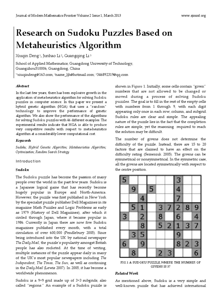 Research On Sudoku Puzzles Based On Metaheuristics Algorithm Pdf Metaheuristic Genetic 4618