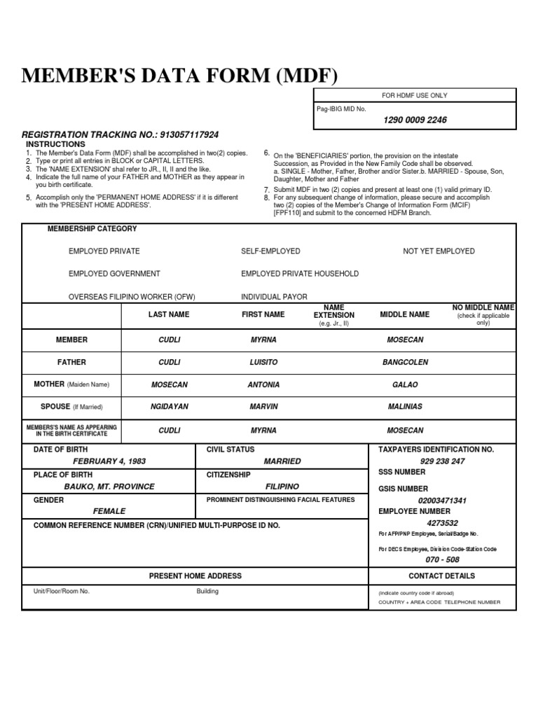 Member'S Data Form (MDF) : 1290 0009 2246 REGISTRATION TRACKING NO ...