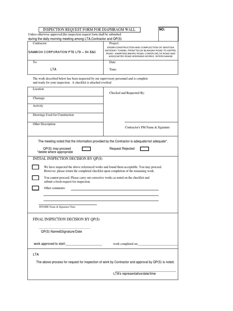 Inspection Request Form For Diaphragm Wall | PDF | Civil Engineering | Economic Sectors