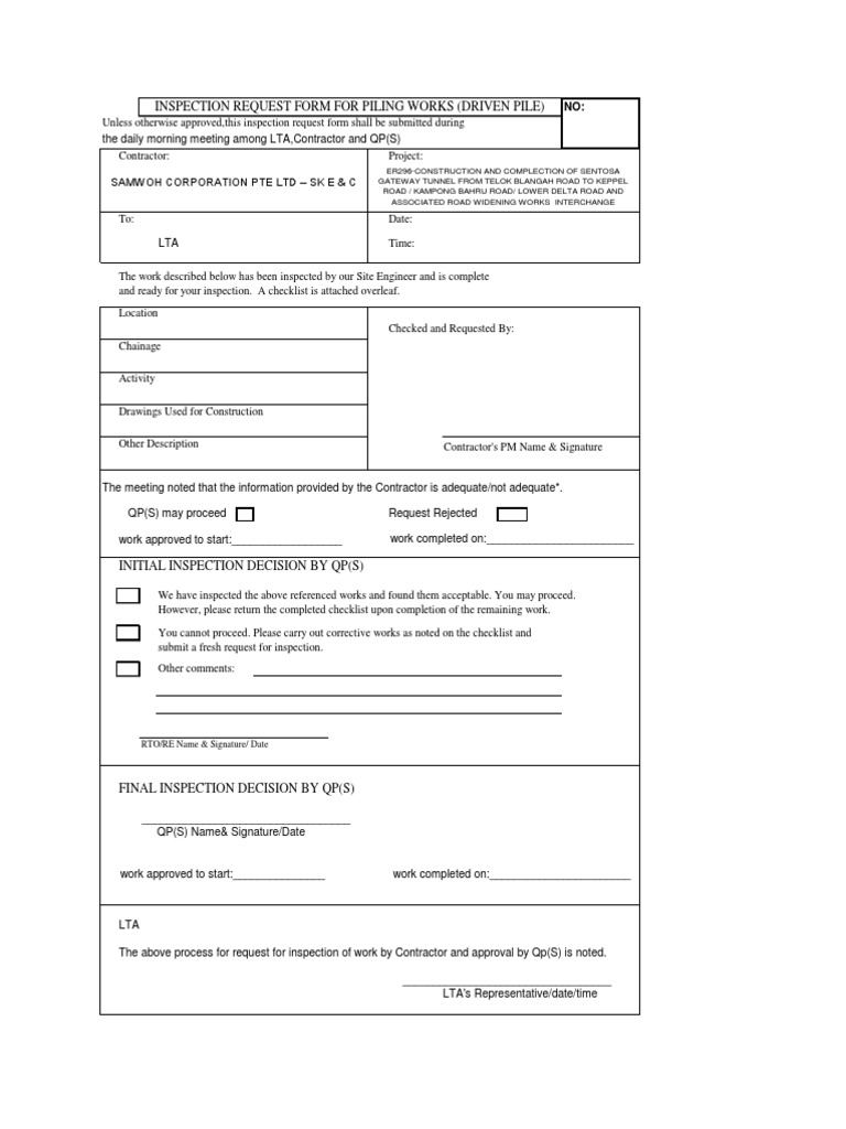 Inspection Request Form For Piling Works (Driven Pile) | PDF