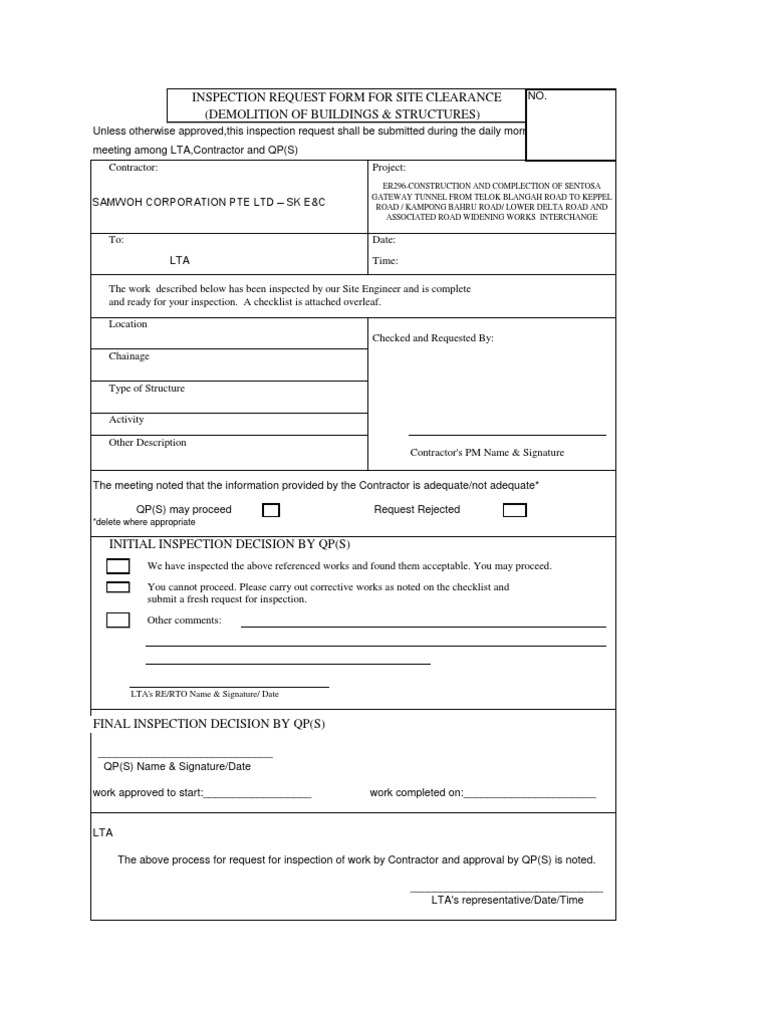 Inspection Request Form For Site Clearance (Demolition of Buildings ...
