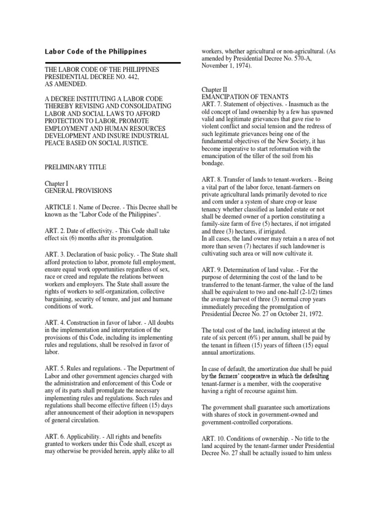 Labor Code Of The Philippines PDF Board Of Directors Employment