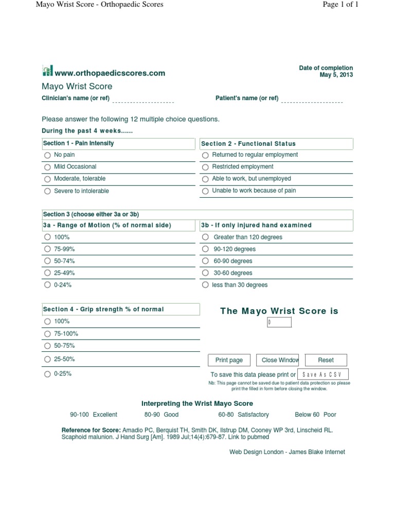 Mayo Wrist Score Assessment Tool | PDF | Wellness