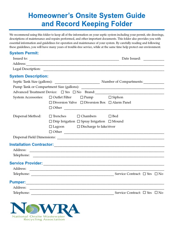 Homeowner's Onsite System Guide and Record Keeping Folder | PDF ...