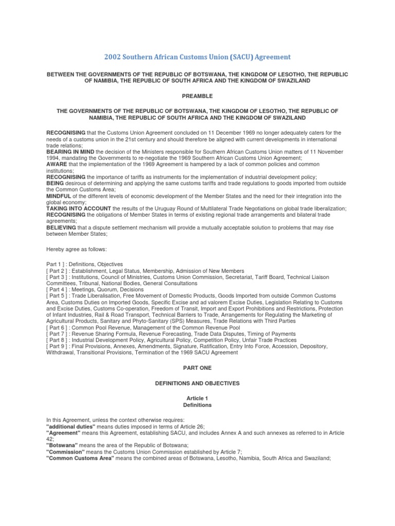 2002 SACU Agreement Overview | PDF
