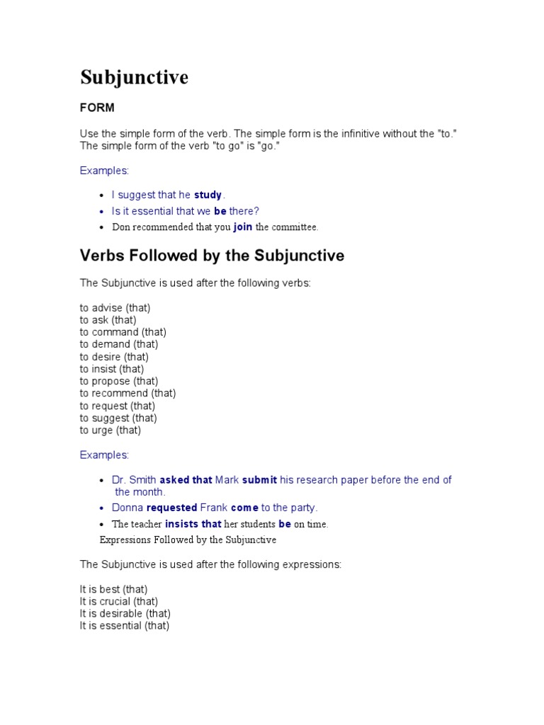 Subjunctive: Verbs Followed by The Subjunctive | PDF | Verb | Languages