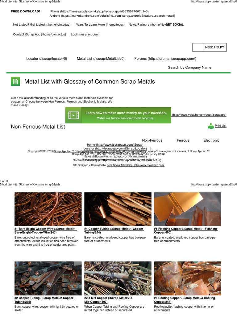 Metal List With Glossary of Common Scrap Metals | PDF | Scrap | Brass