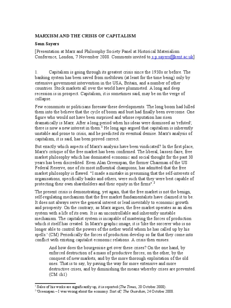Marxism and The Crisis of Capitalism Sean Sayers: S.p.sayers@kent - Ac ...